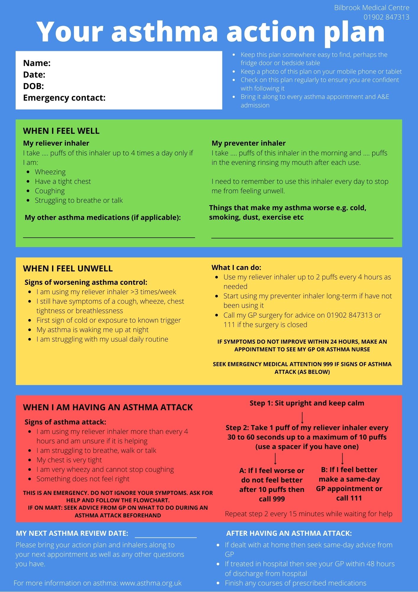 Your Asthma Action Plan Bilbrook Medical Centre